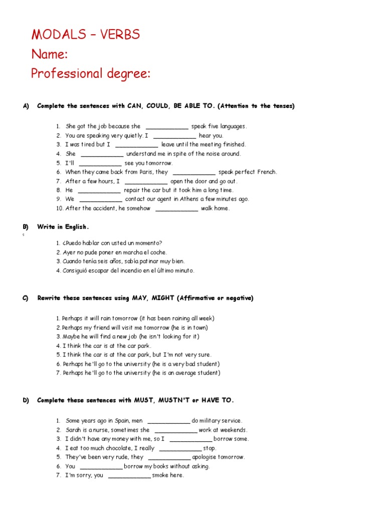 Modal Verbs Activity 1 | PDF