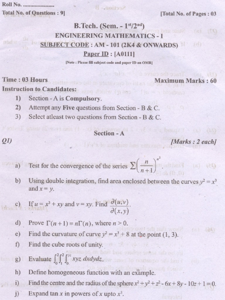 B.Tech Engineering Mathematics I Exam Paper | PDF | Geometric Objects ...