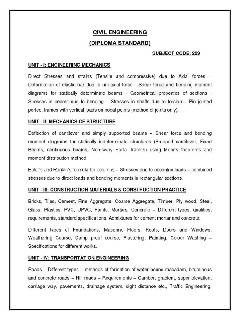 Civil Engineering (Diploma Standard) : Subject Code: 299 Unit - I ...