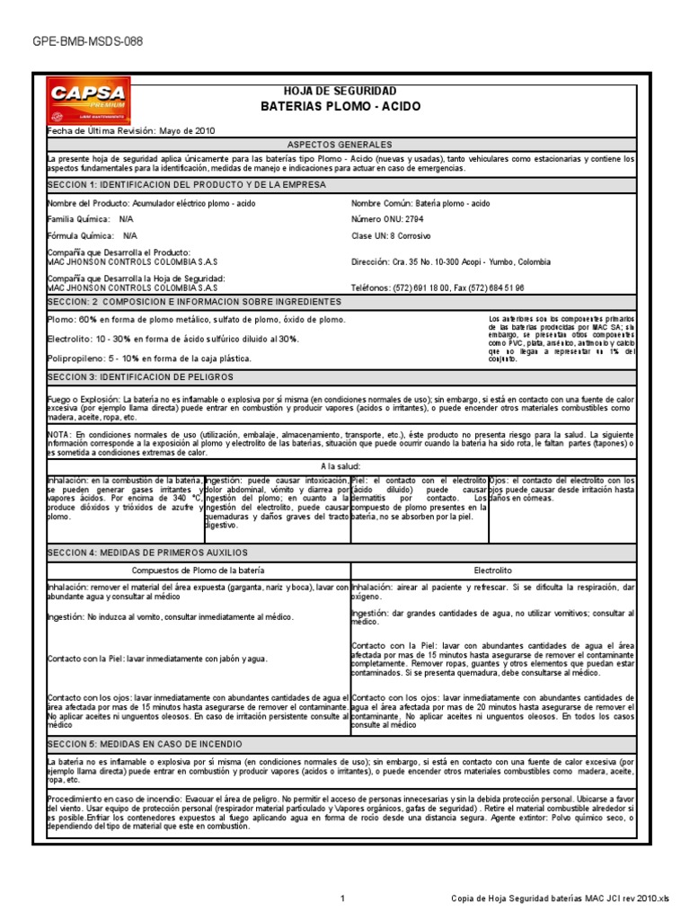MSDS - Baterías MAC JCI - Capsa | PDF | Dirigir | Electrólito
