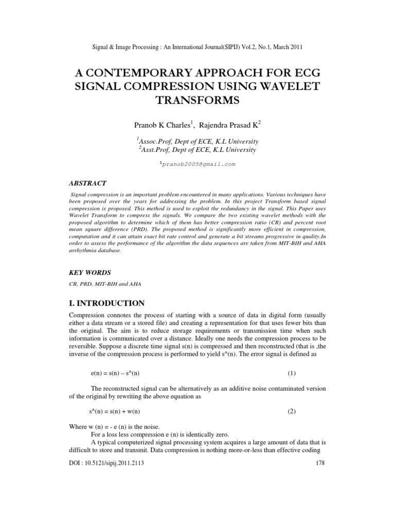 A Contemporary Approach For ECG Signal Compression Using Wavelet Transforms | PDF | Wavelet ...