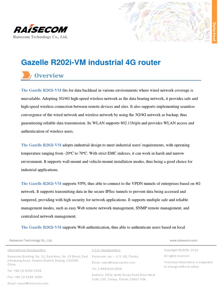 Gazelle R202i-VM Industrial 4G Router: Raisecom Technology Co., LTD ...