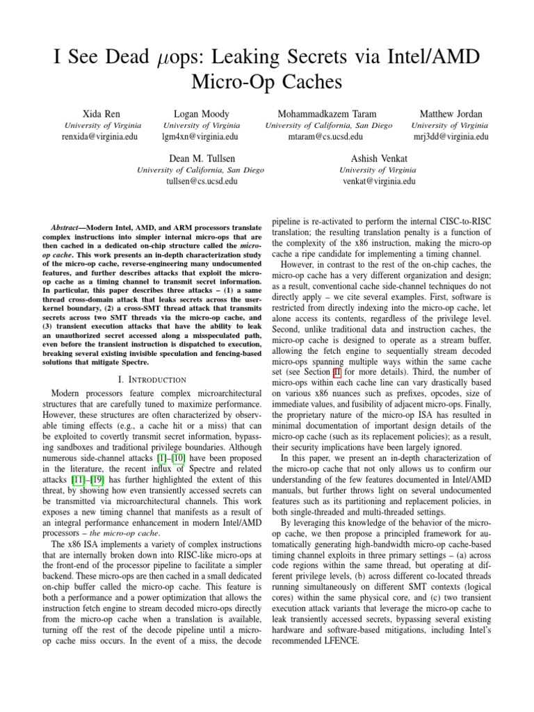 Leaking Secrets Via Intel AMD Micro OP Caches Isca2021a | PDF | Cpu Cache | Central Processing Unit
