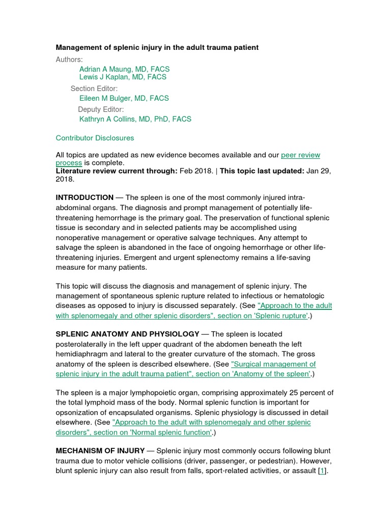 Management of Splenic Injury in The Adult Trauma Patient | PDF | Spleen ...