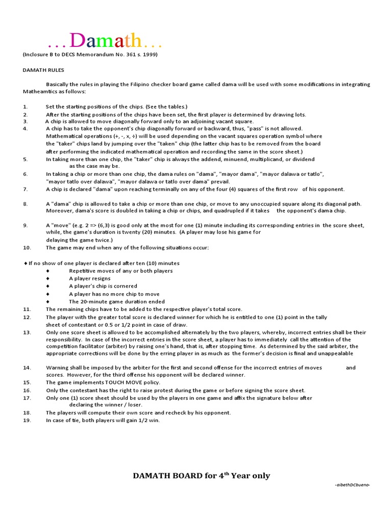 DAMATH Game Rules and Scoring System | PDF | Abstract Algebra ...