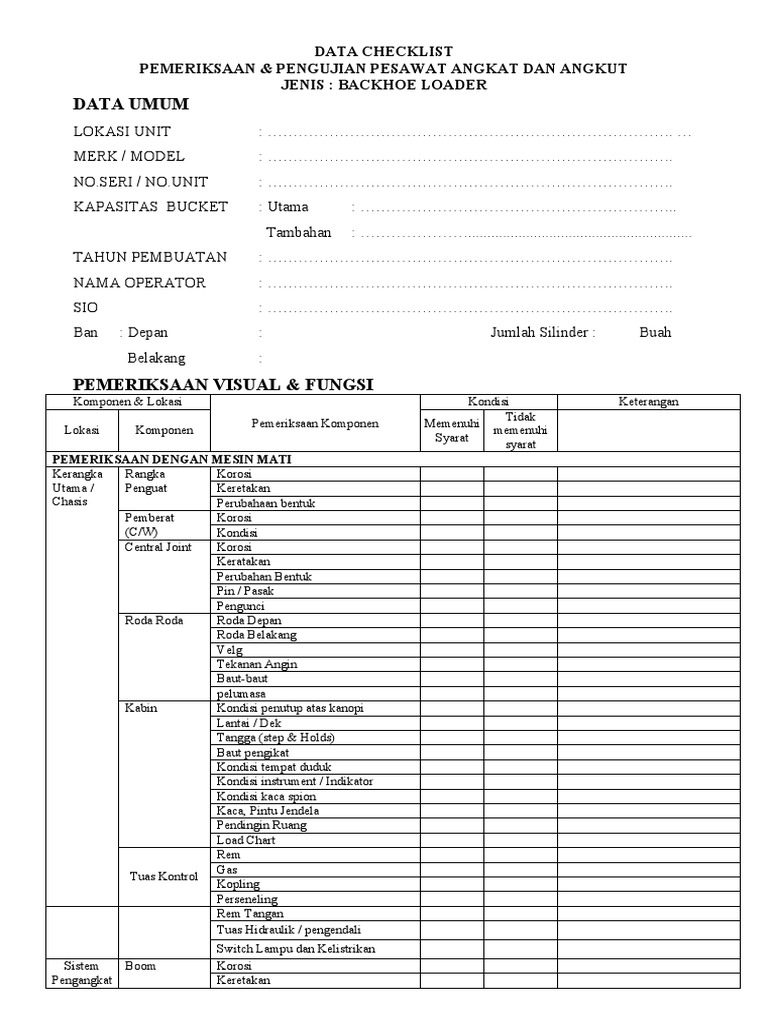Checklist Pemeriksaan Backhoe Loader | PDF