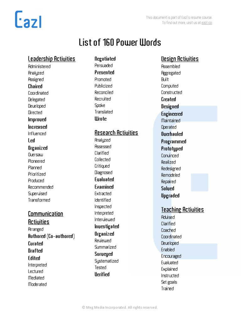 List of 160 Power Words: Leadership Activities Design Activities | PDF ...