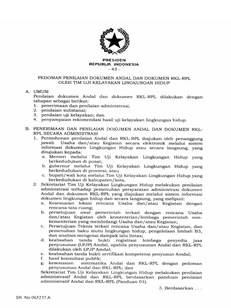 Pedoman Penilaian Dokumen Andal Dan Dokumen RKL-RPL | PDF