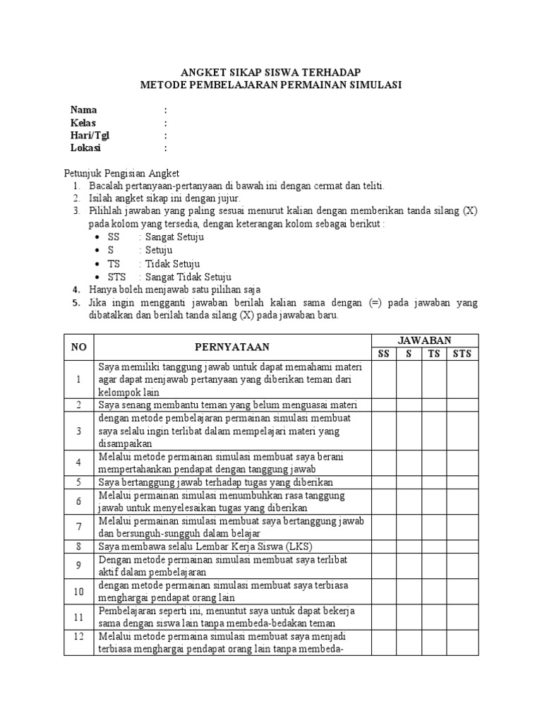 Angket Sikap Siswa Terhadap Metode Pembelajaran Permainan Simulasi | PDF