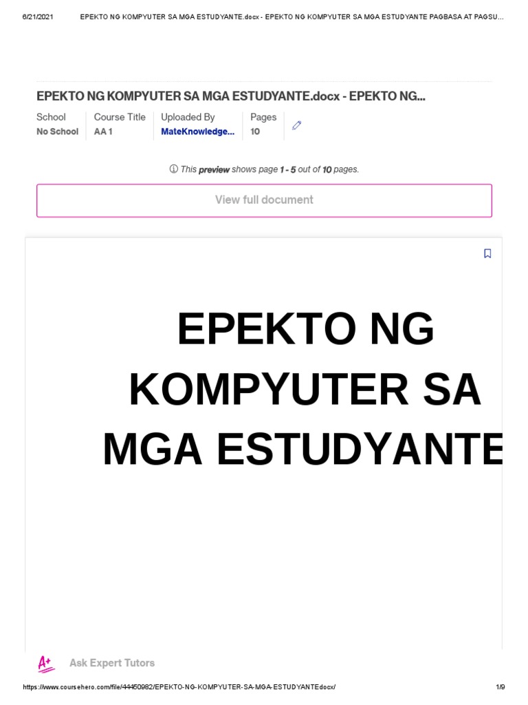 Epekto NG Kompyuter Sa Mga Estudyante - Docx - Epekto Ng.. | PDF