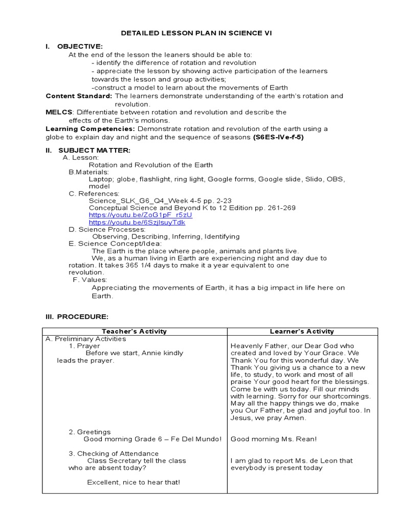 Detailed Lesson Plan in Science Vi | PDF | Night | Rotation