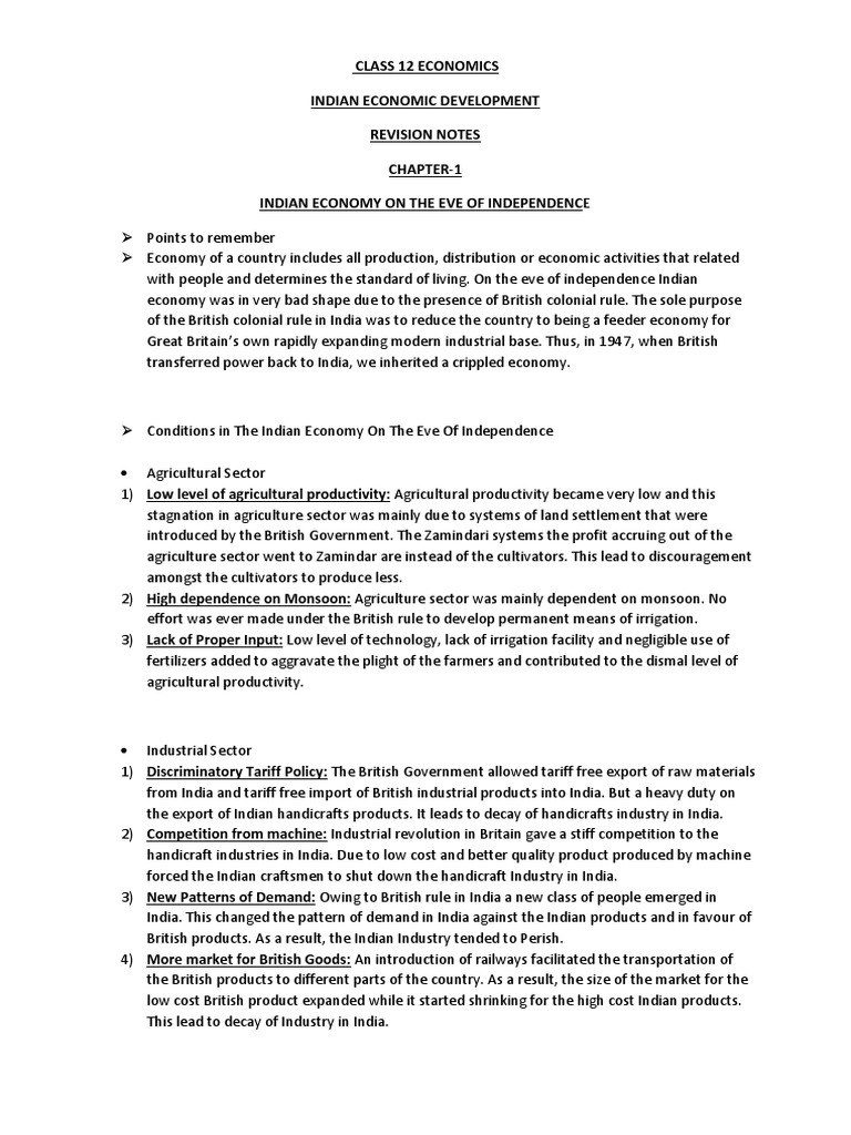 Class 12 Economics Indian Economic Development Revision Notes Chapter-1 ...