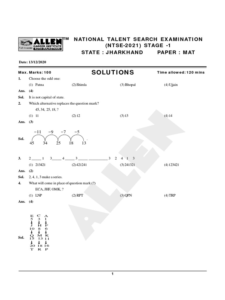 Solutions: National Talent Search Examination (NTSE-2021) STAGE - 1 State: Jharkhand Paper: MAT ...