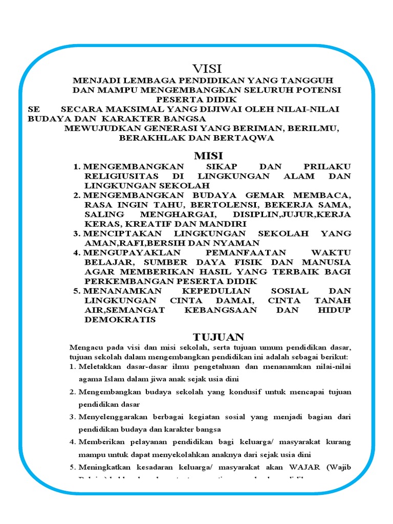 Visi Misi Sekolah: Pendidikan Berkarakter | PDF | Karier & Perkembangan