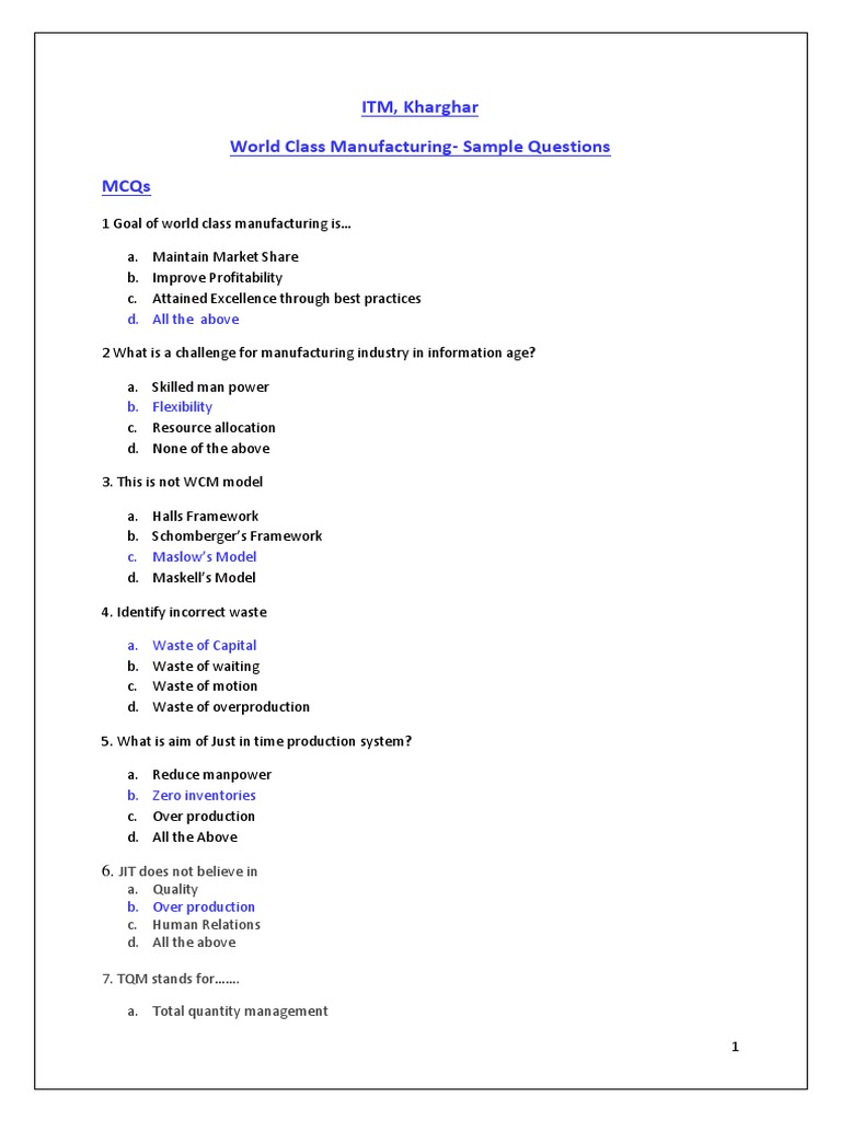 Sample Questions-WCM-WORLD CLASS MANUFACTURING | PDF | Lean Manufacturing | Business Process