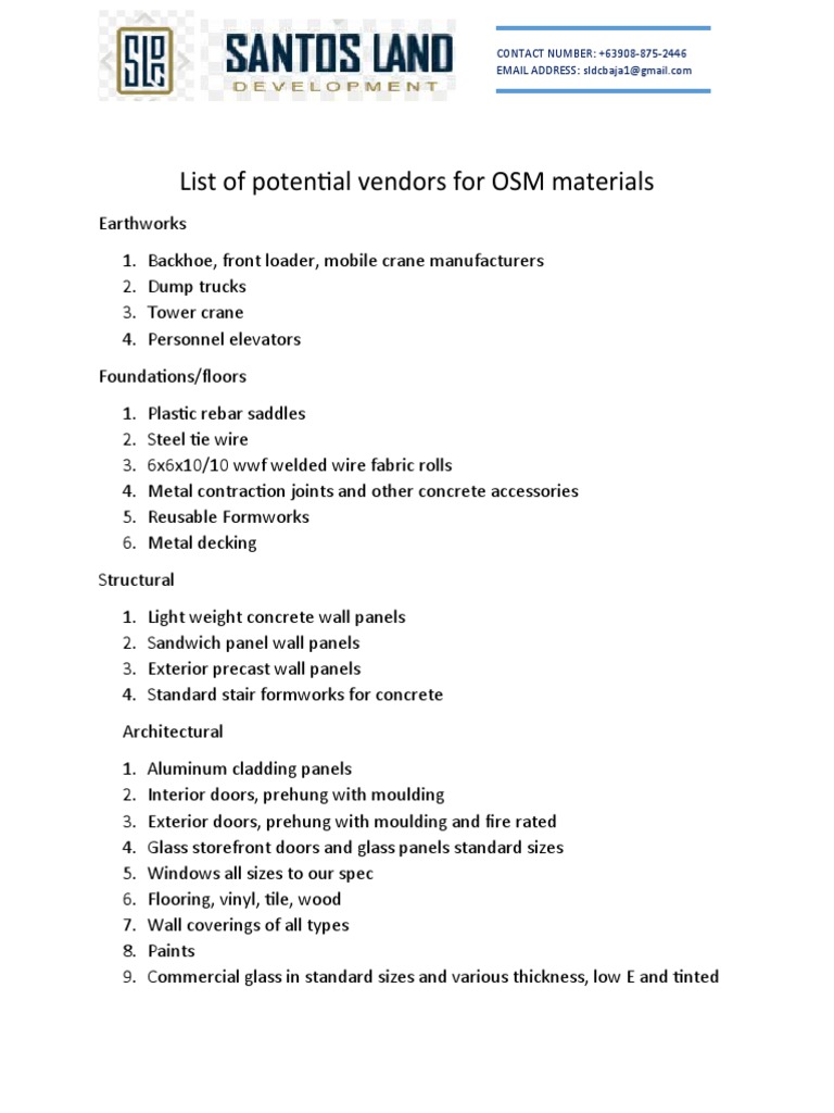 Vendor List for OSM Construction Materials | PDF | Tile | Kitchen