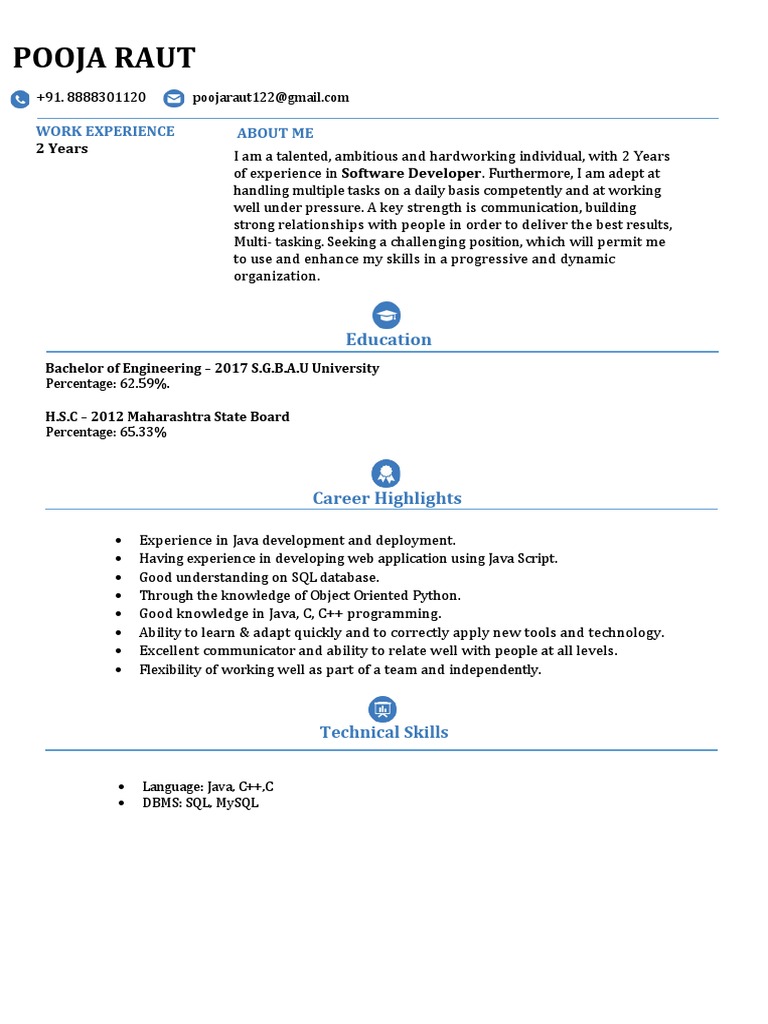 Java Developer Resume - Pooja Raut | PDF | Java Script | Databases