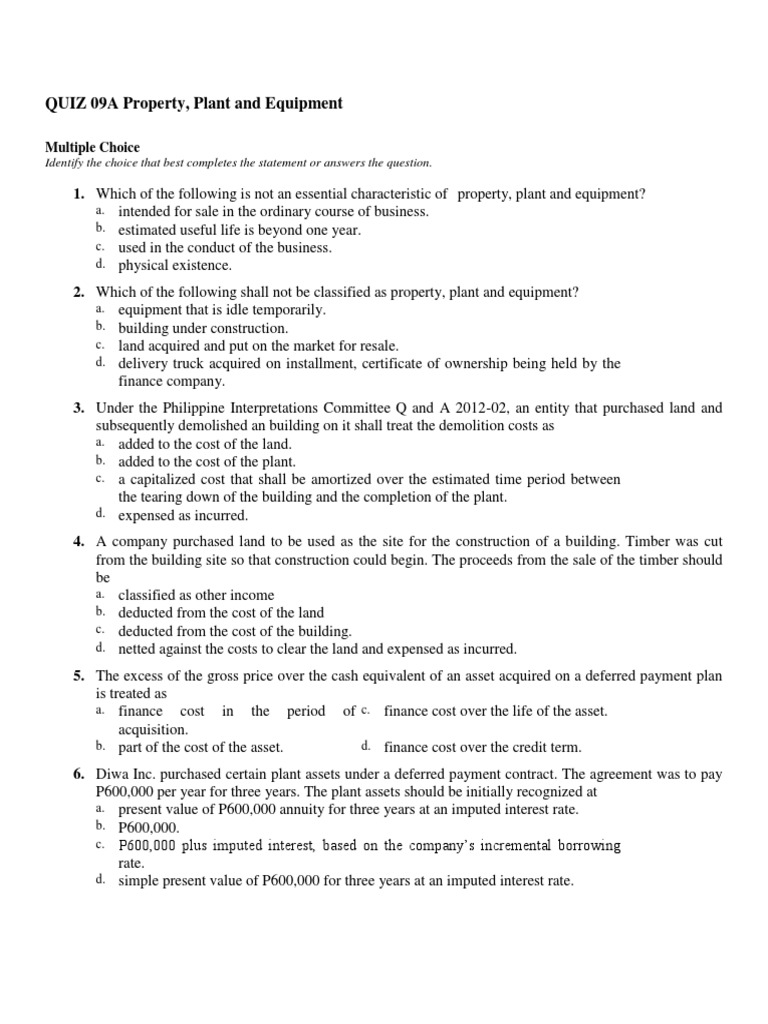 QUIZ 09A Property, Plant and Equipment: Multiple Choice | PDF ...
