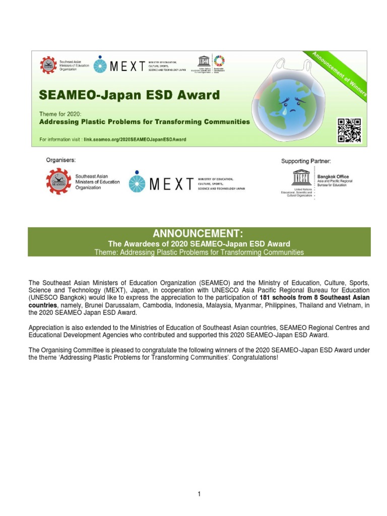 Results - 2020 SEAMEO Japan ESD Award - Rev3March | PDF | Southeast Asia | Malaysia
