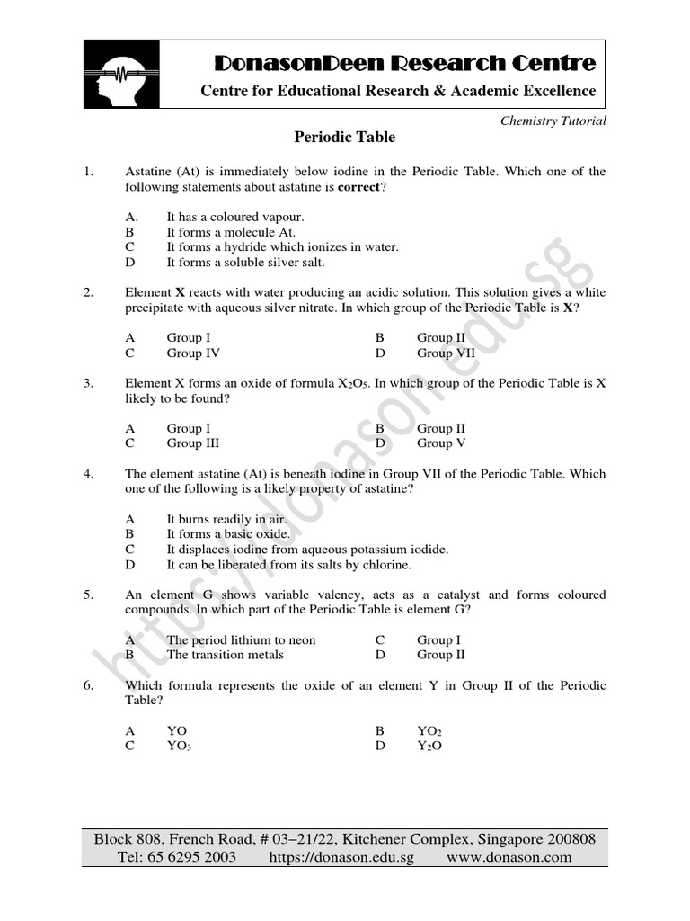 Topic 9 - The Periodic Table - Tutorial | PDF | Iodine | Chlorine