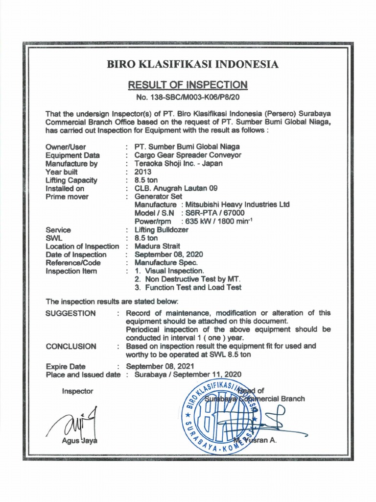 Load Test Spreader Certificate | PDF