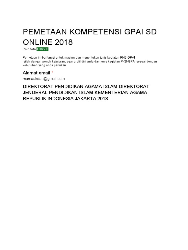 Pemetaan Kompetensi Gpai SD Online 2018 | PDF