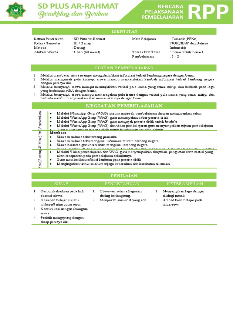 RPP Tematik - Kelas 3 - Tema 8 - Sub Tema 1 - Pembelajaran 1-6 | PDF