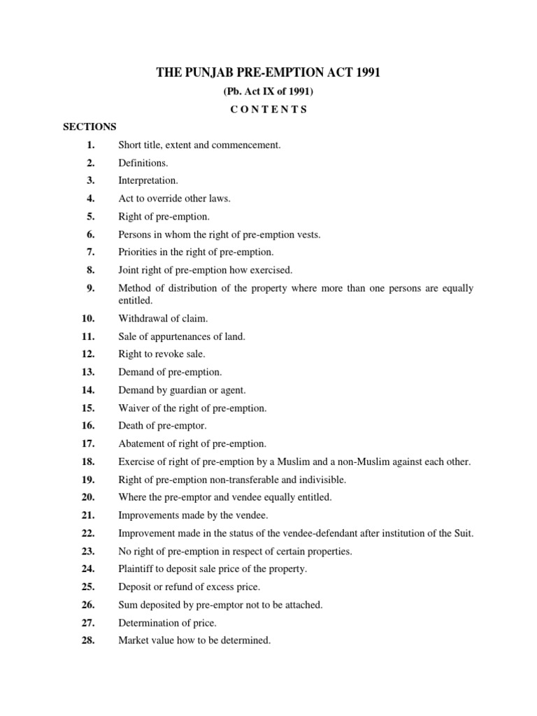 The Punjab Pre-Emption Act 1991 | PDF | Lawsuit | Real Property