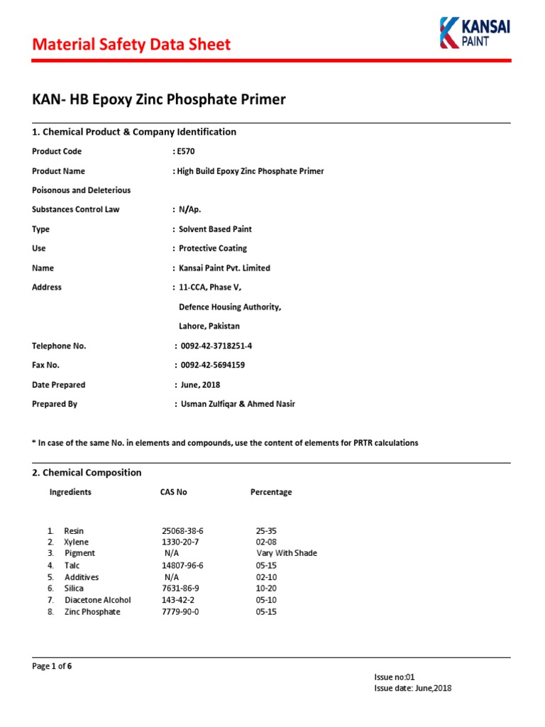 Material Safety Data Sheet: KAN-HB Epoxy Zinc Phosphate Primer | PDF ...