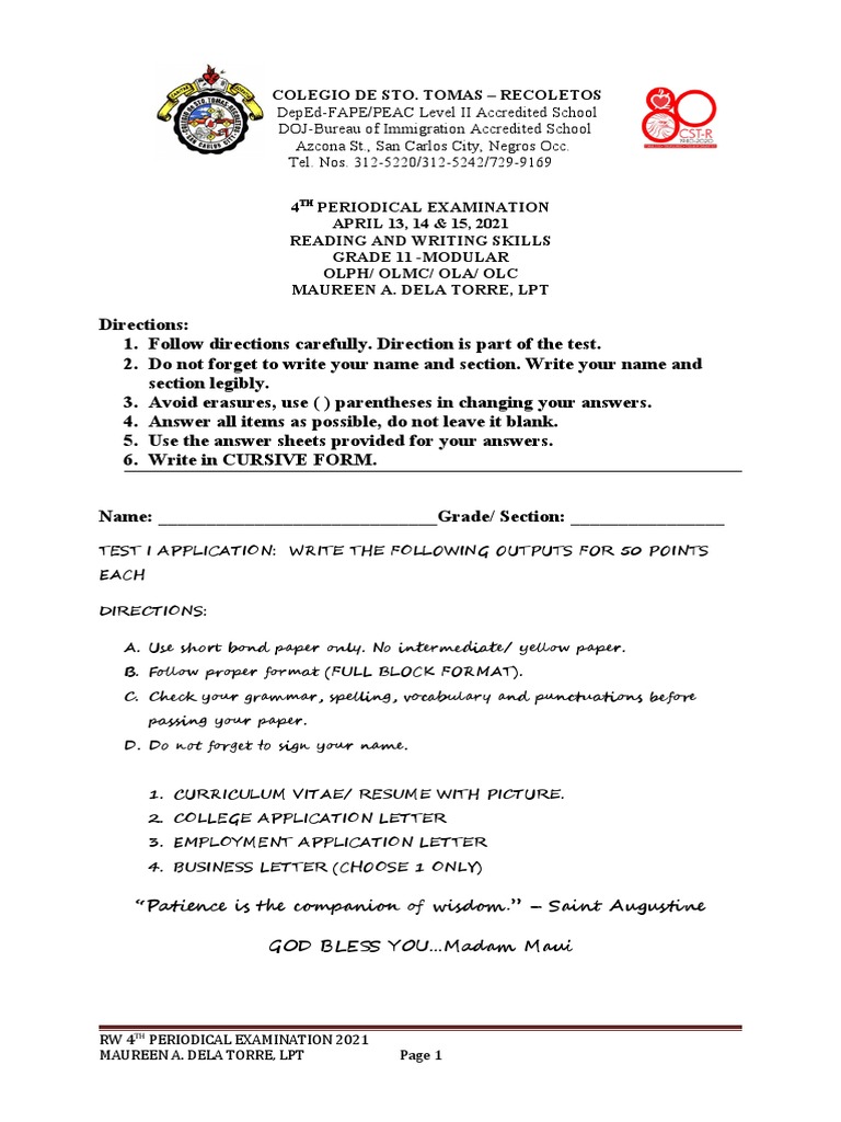 Grade 11 Reading & Writing Exam 2021 | PDF | Language Arts & Discipline