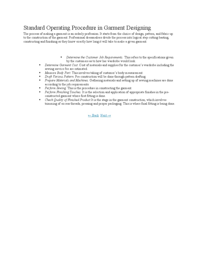 Standard Operating Procedure in Garment Designing: Back Next | PDF