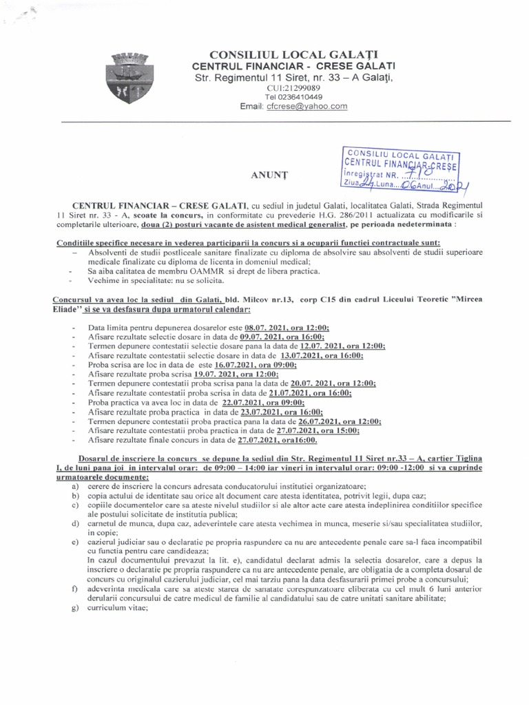 Anunt Concurs Asistent Medical Generalist | PDF