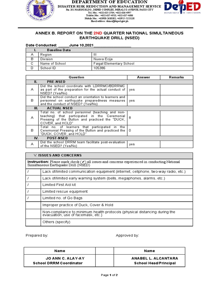 Annex B. Report On The Quarter National Simultaneous Earthquake Drill (Nsed) | PDF | Emergency ...
