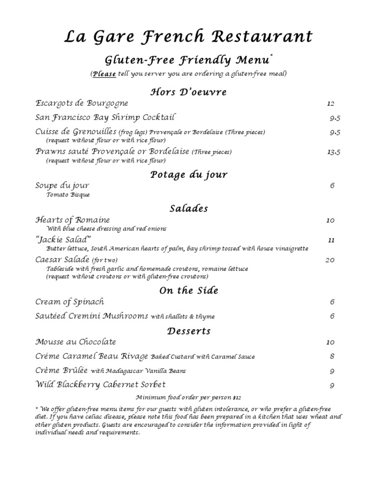La Gare French Restaurant: Gluten-Free Friendly Menu | PDF | Salad | Foods