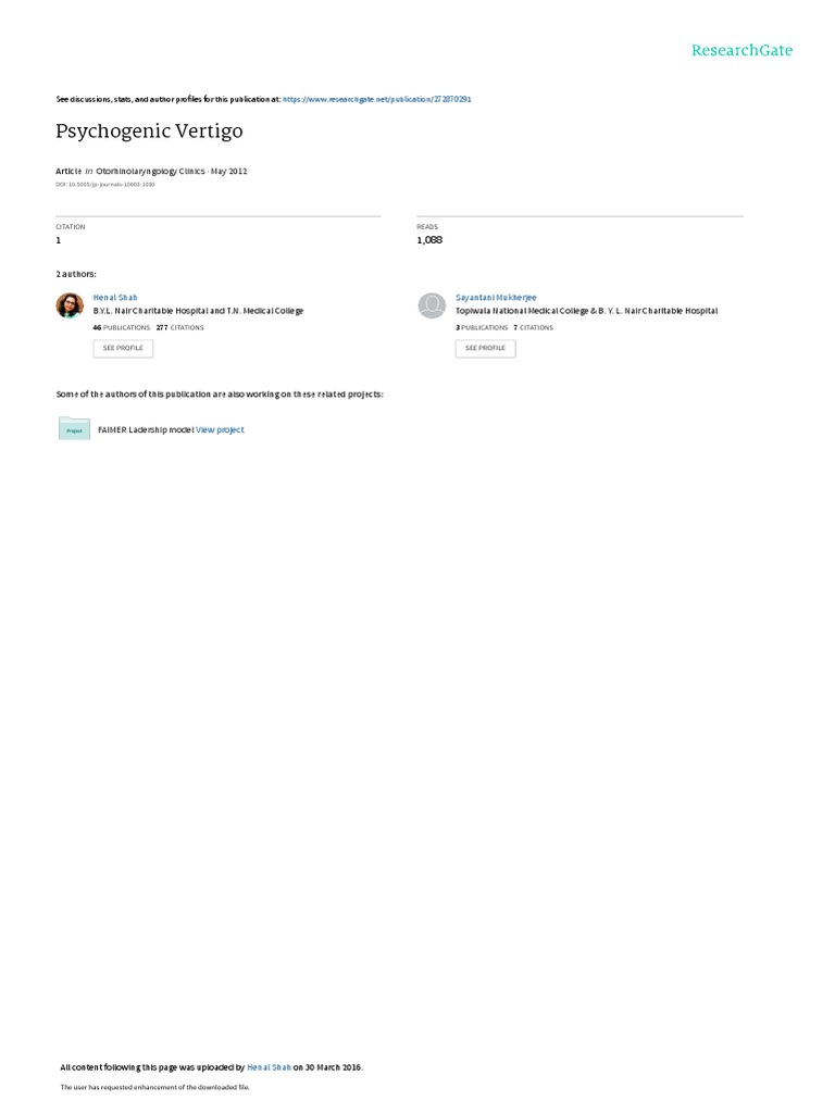 Psychogenic Vertigo | PDF | Vertigo | Mental Disorder