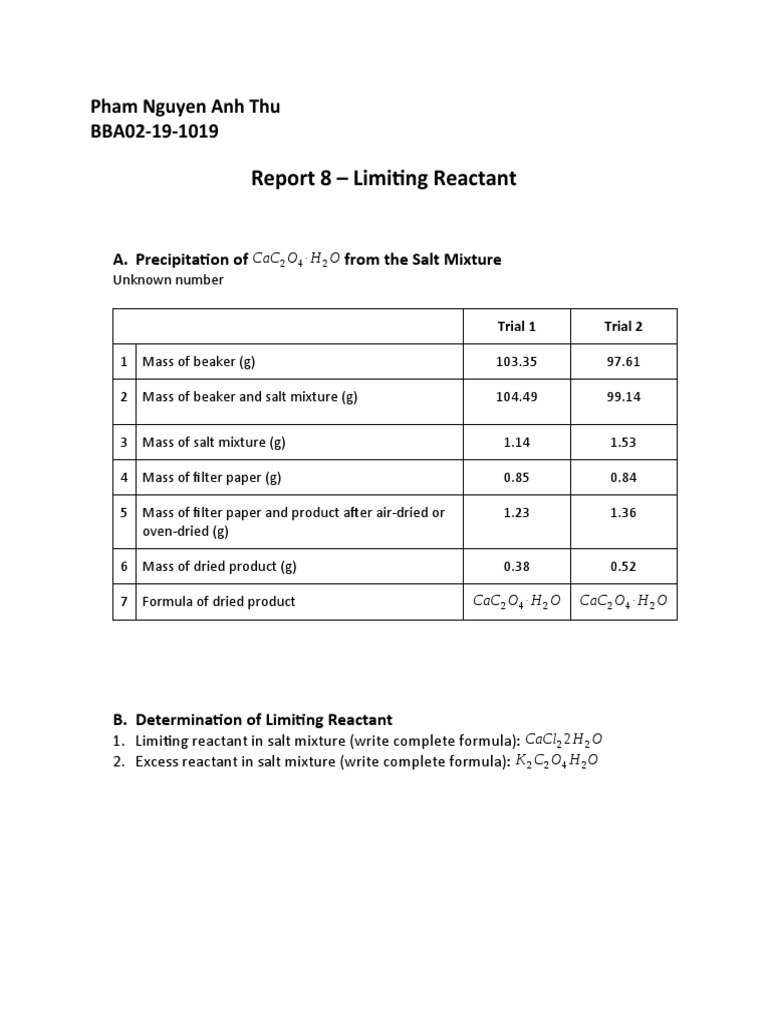 Report 8 Limiting Reactant | PDF