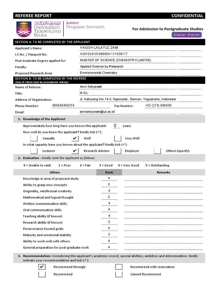 UITM - Referee Form 01 | PDF | Postgraduate Education | Human Nature