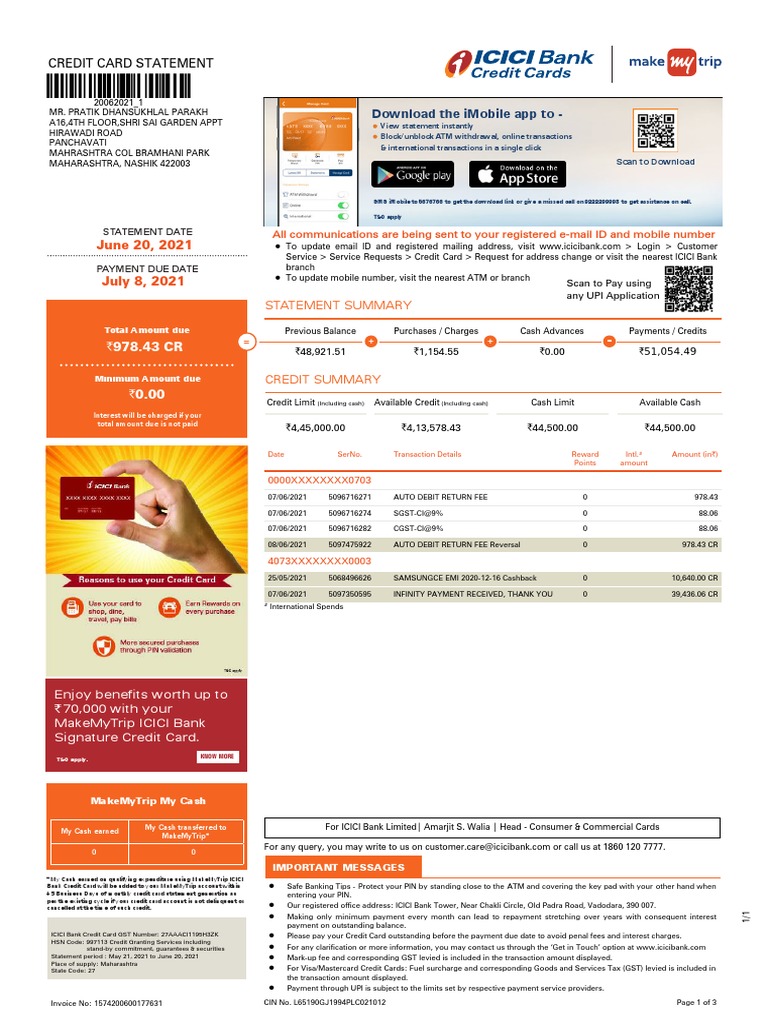 June 20, 2021 July 8, 2021: Credit Card Statement | Download Free PDF ...