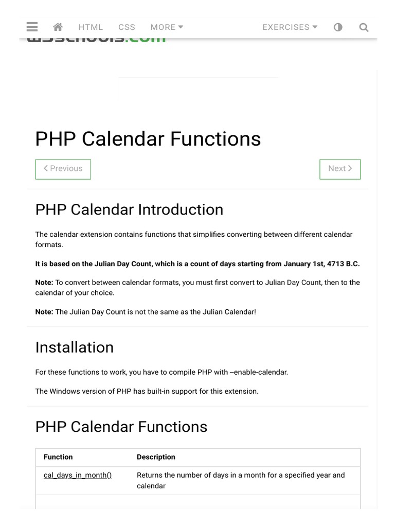 PHP Calendar Functions | PDF | Calendar | Php