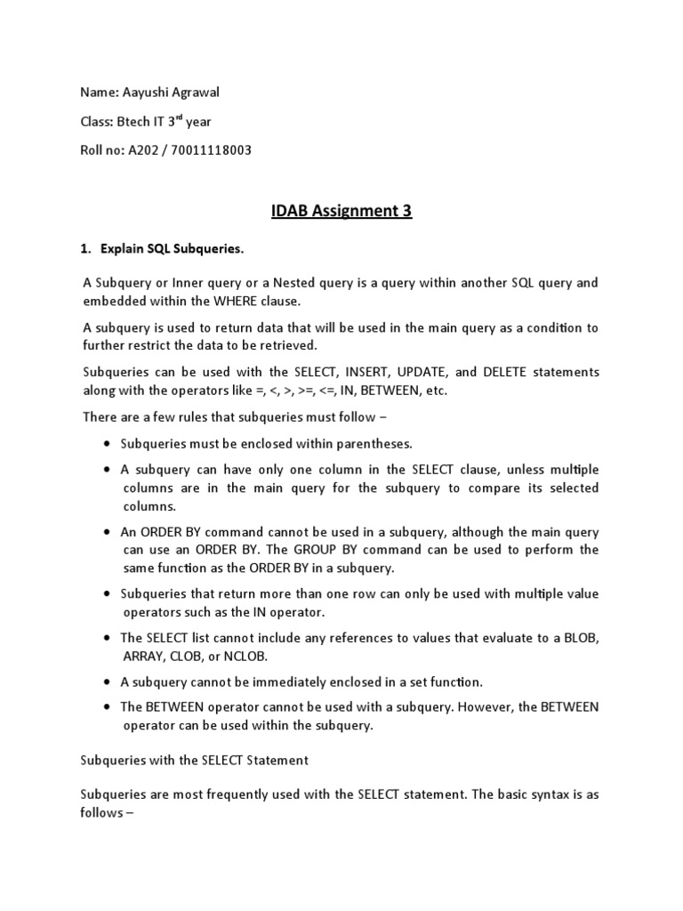 IDAB Assignment 3: 1. Explain SQL Subqueries | PDF | Information Science | Data Management Software