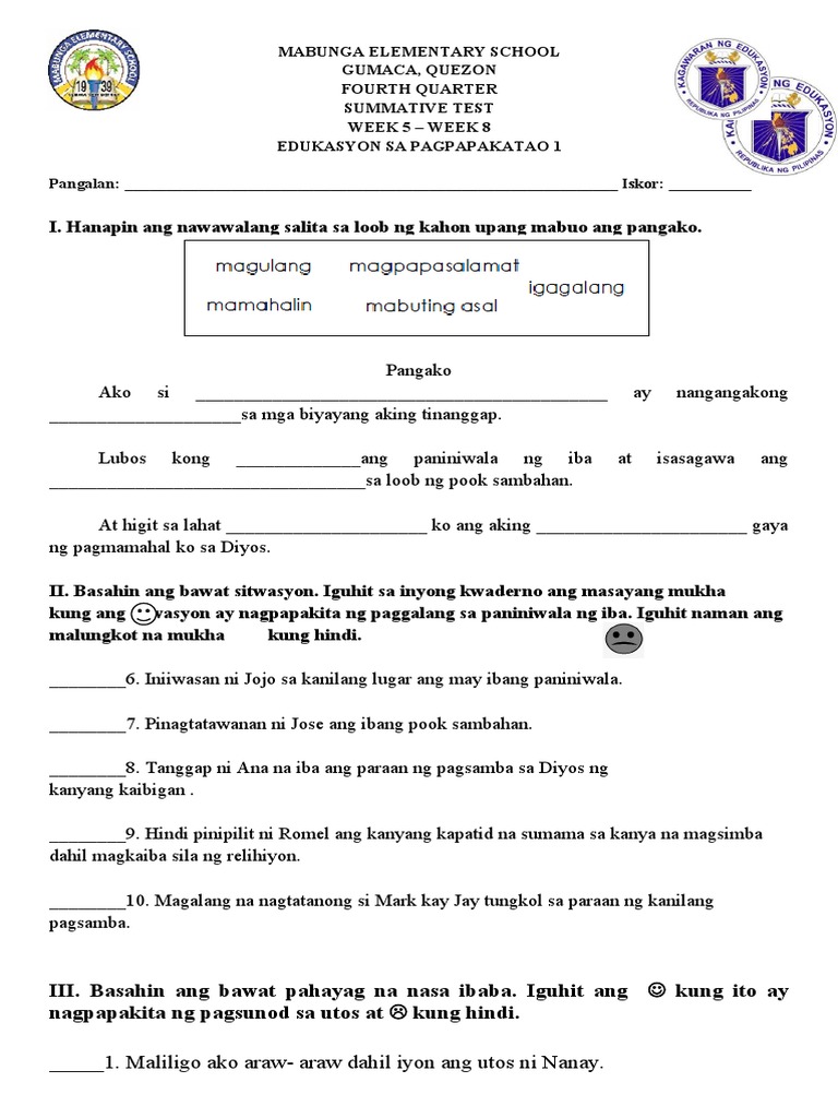 III. Basahin Ang Bawat Pahayag Na Nasa Ibaba. Iguhit Ang Kung Ito Ay ...