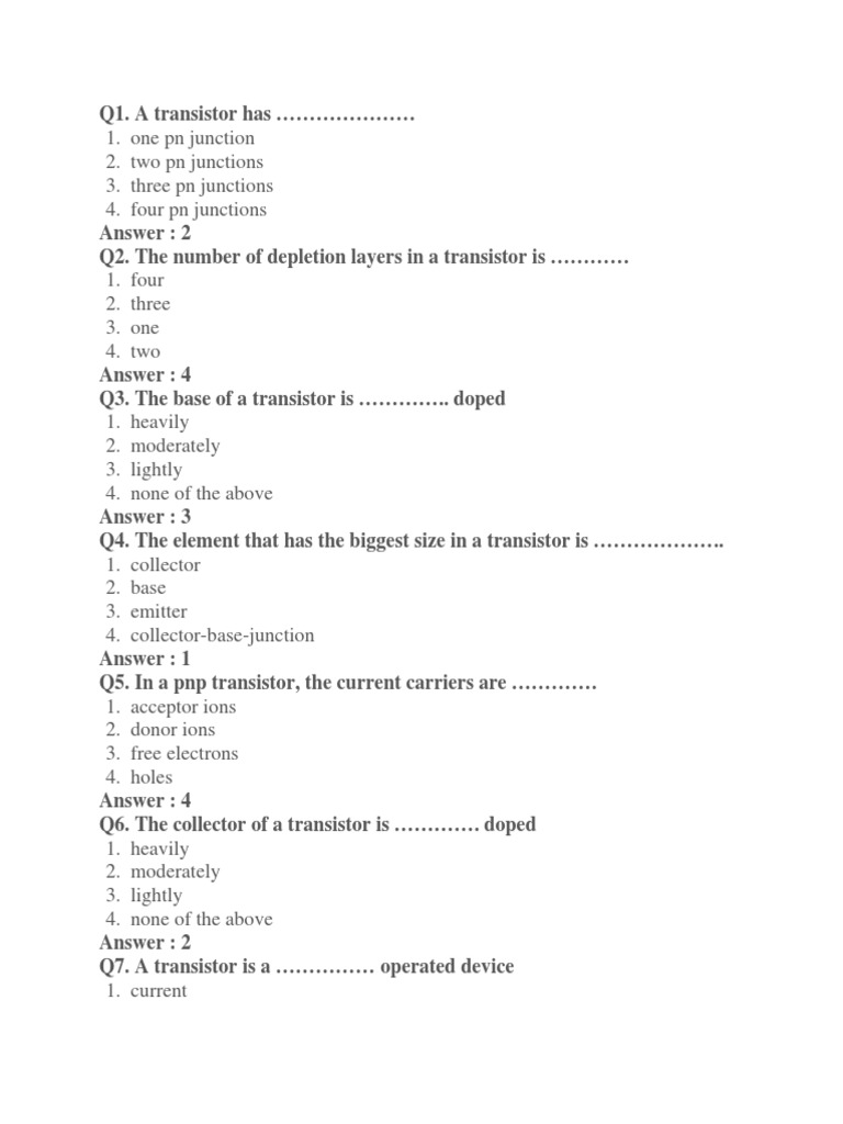 Transistor Fundamentals Quiz | PDF | P–N Junction | Operational Amplifier