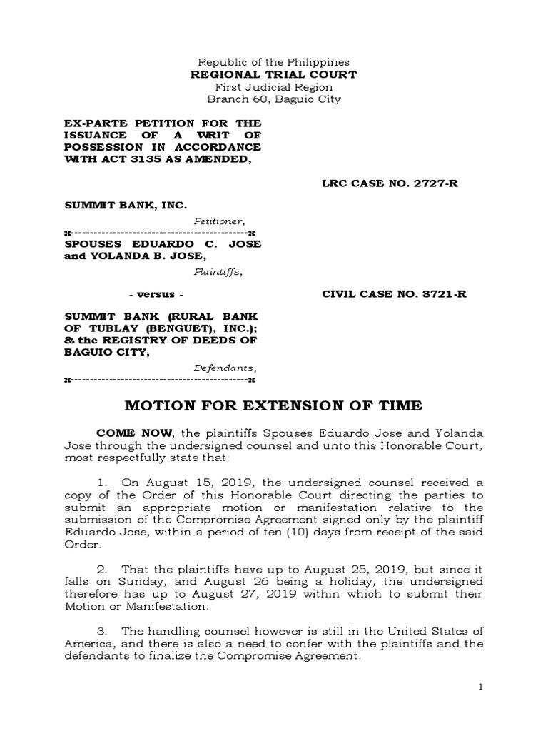 Motion For Extension of Time - (Sps. Jose vs. Summit Bank) | PDF ...