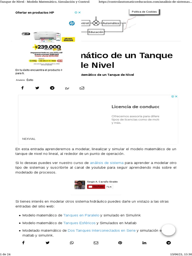Tanque de Nivel - Modelo Matemático, Simulación y Control | PDF ...
