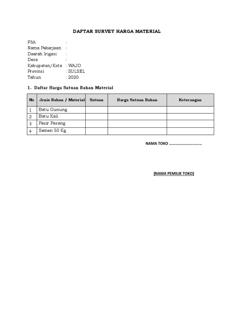 Daftar Survey Harga Material | PDF
