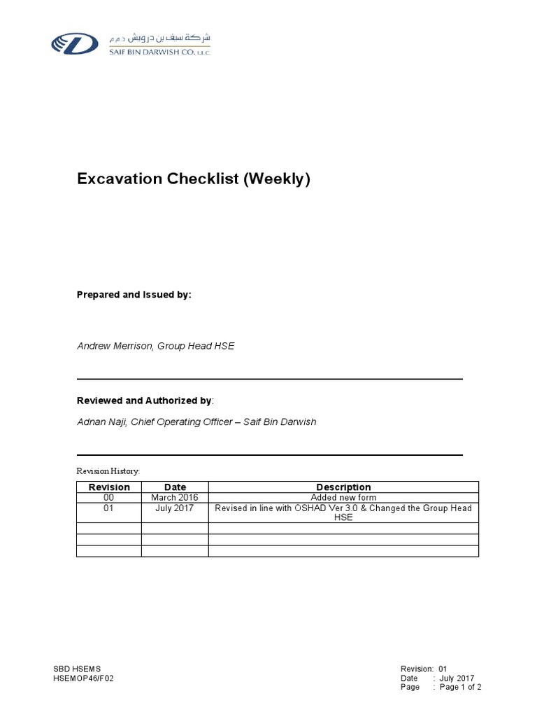 F02 - Excavation Checklist | PDF | Safety | Occupational Safety And Health