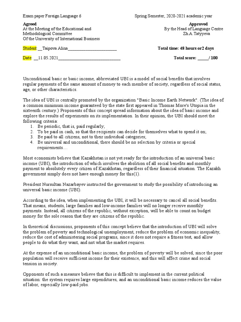 Essay "Universal Basic Income" | PDF | Welfare | Poverty