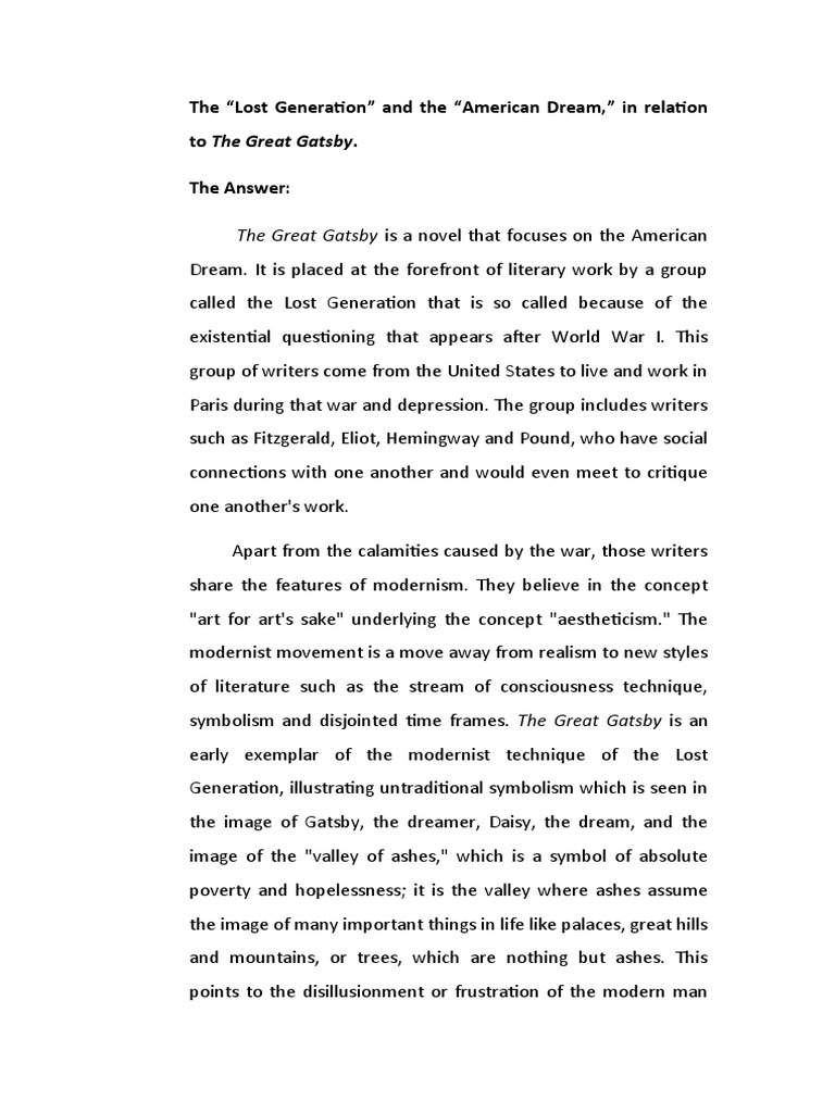 The "Lost Generation" and The "American Dream," in Relation To The ...