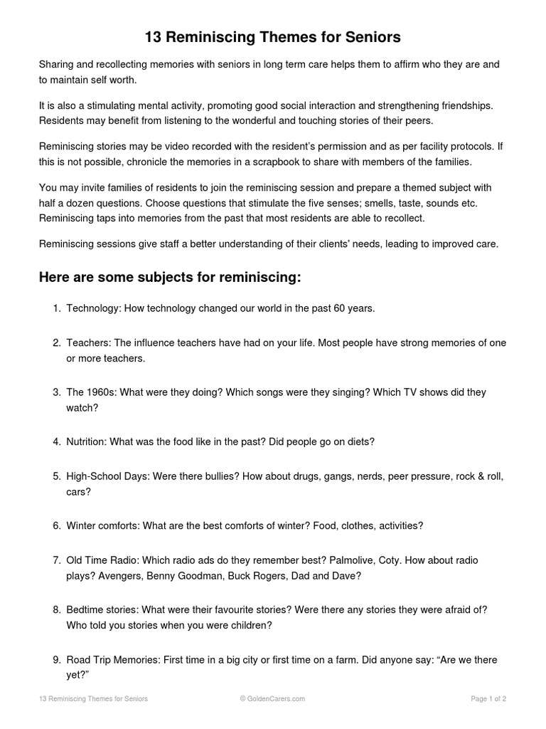 13 Reminiscing Themes For Seniors | PDF