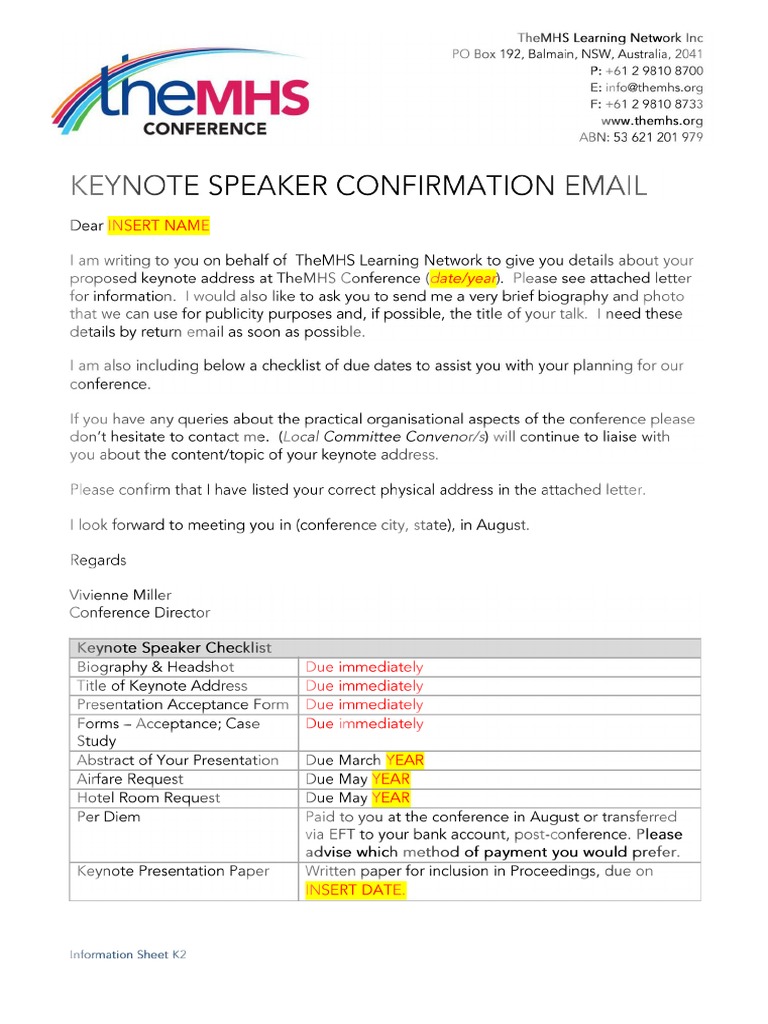 INFORMATION SHEET K2 Keynote Speaker Confirmation Email | PDF